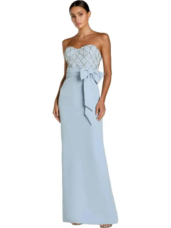 Mac Duggal Strapless Crepe Bustier Gown With Bow - Blue