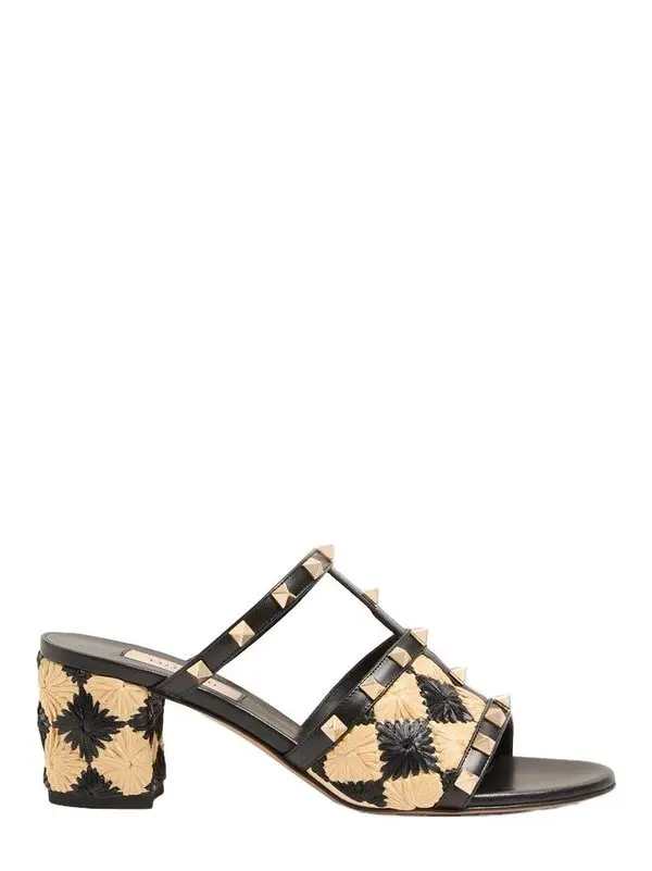 Valentino Garavani Rockstud Raffia Slide Sandal - Natural/black