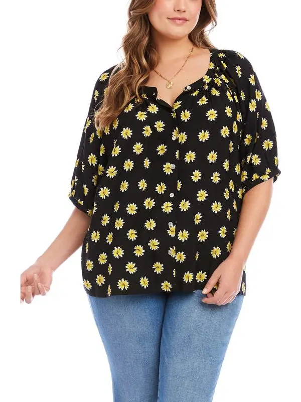 Karen Kane Floral Button-up Peasant Top - Black/floral Print