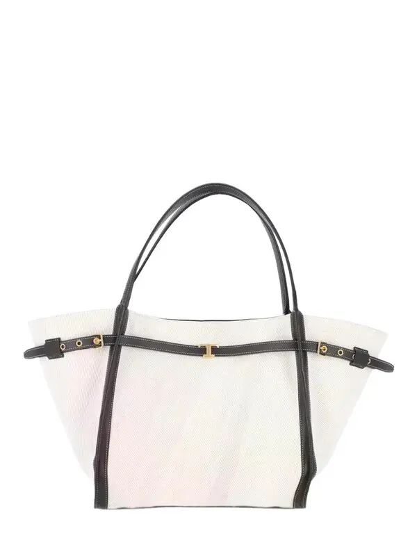 TOD'S T-signature Shopping Bag In Canvas And Leather - Neutrals