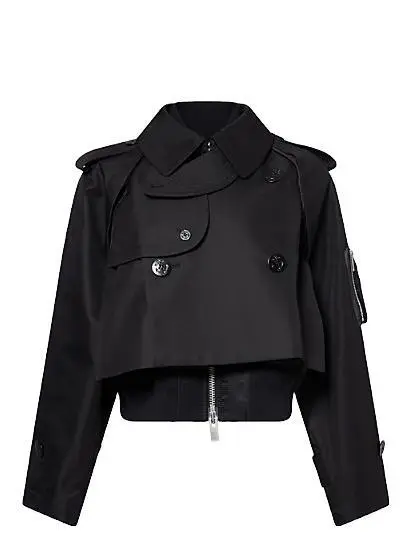 Sacai Cropped Cotton-blend Jacket With Internal Vest - Black