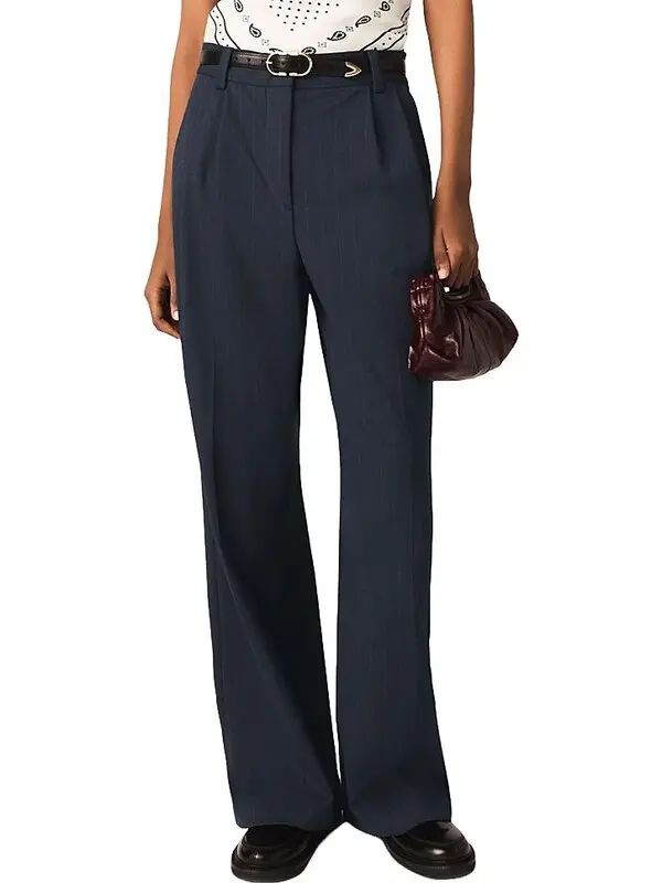 Maje High-rise Wide-leg Pinstriped Trousers - Navy