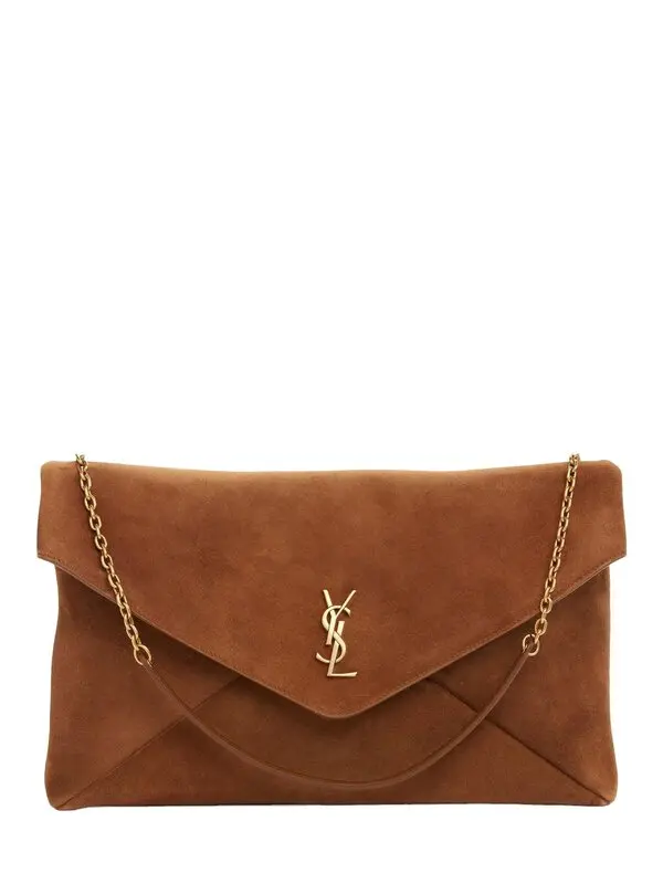 Saint Laurent Cassandre Suede Pouch With Chain - Caramel Cognac