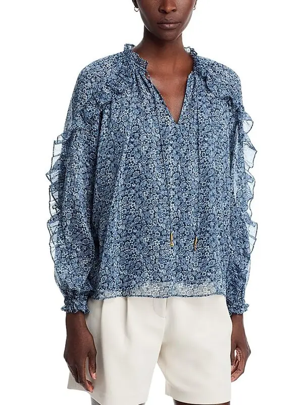 Michael Kors Floral Long Sleeve Ruffle Blouse - Midnight Blue
