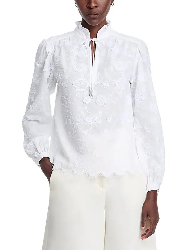 Michael Kors Embroidered Cotton Frill Blouse - White