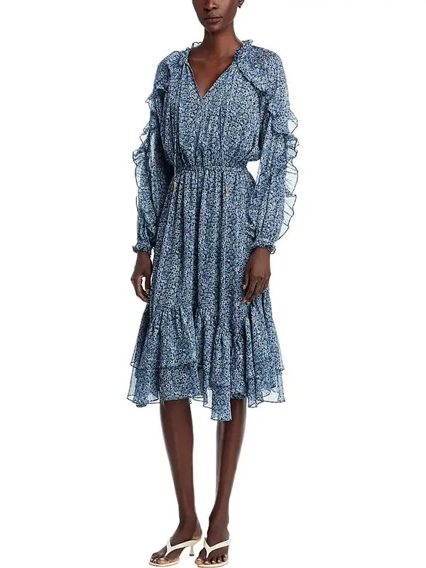 Michael Kors Floral Ruffle Midi Dress - Midnight Blue