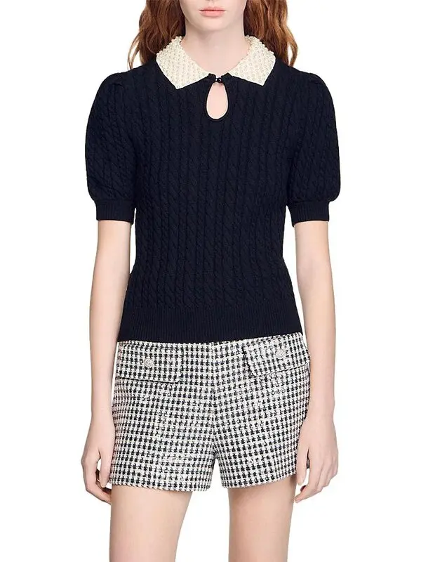 Sandro Embellished Collar Cable Knit Sweater - Black
