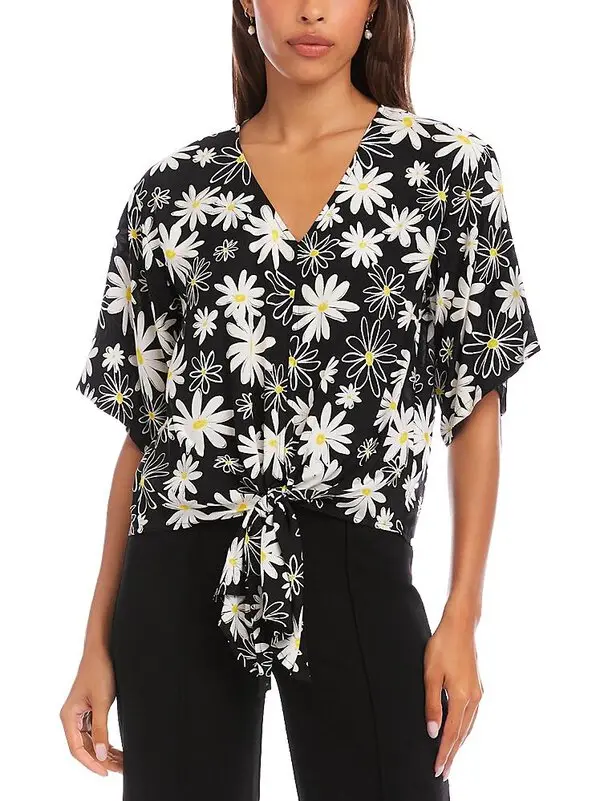 Karen Kane Flutter Sleeve Tie Front Top - Print