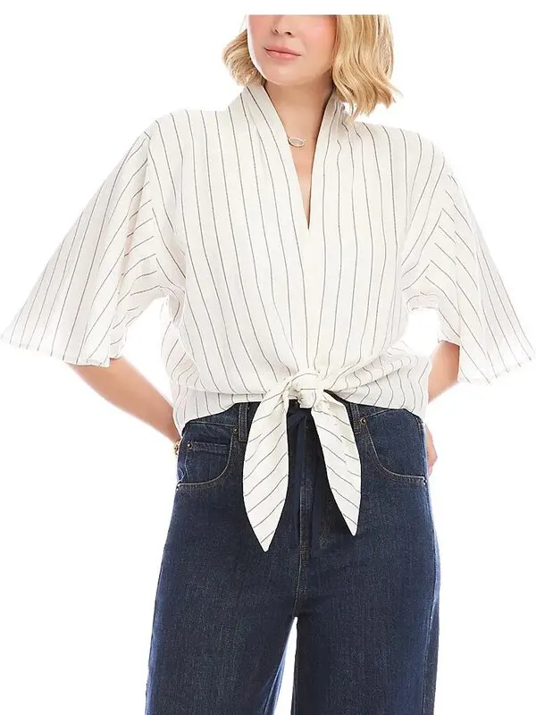 Karen Kane Flutter Sleeve Tie Front Top - Cream/ Black