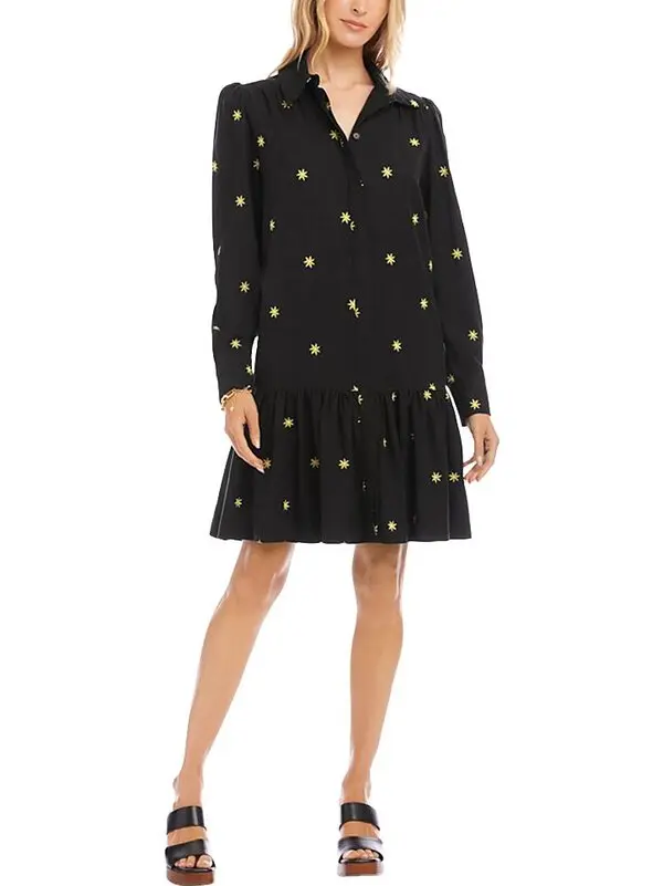 Karen Kane Long Sleeve Embroidered Ruffle Hem Dress - Black