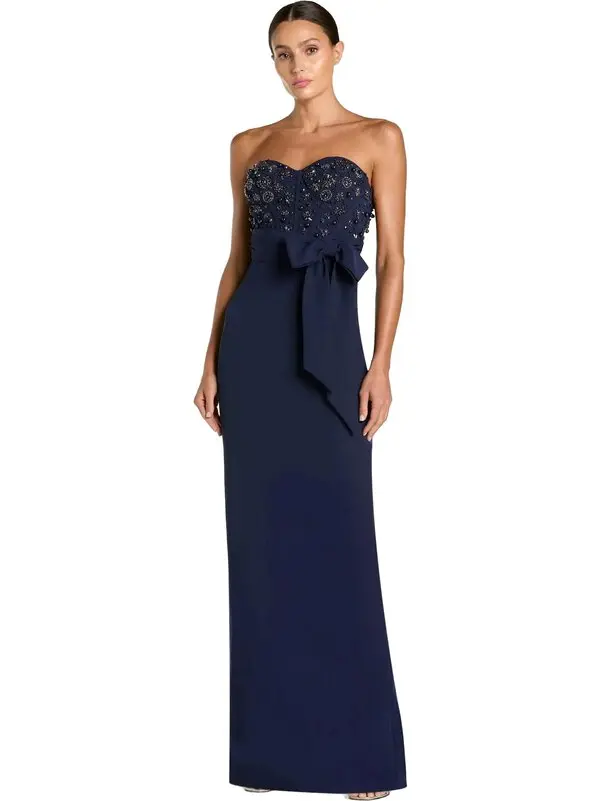 Mac Duggal Strapless Embellished Bustier Gown With Bow - Navy