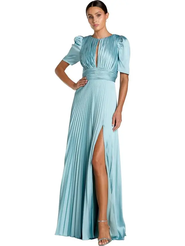 Mac Duggal Pleated Charmeuse Puff Sleeve Gown With Slit - Blue