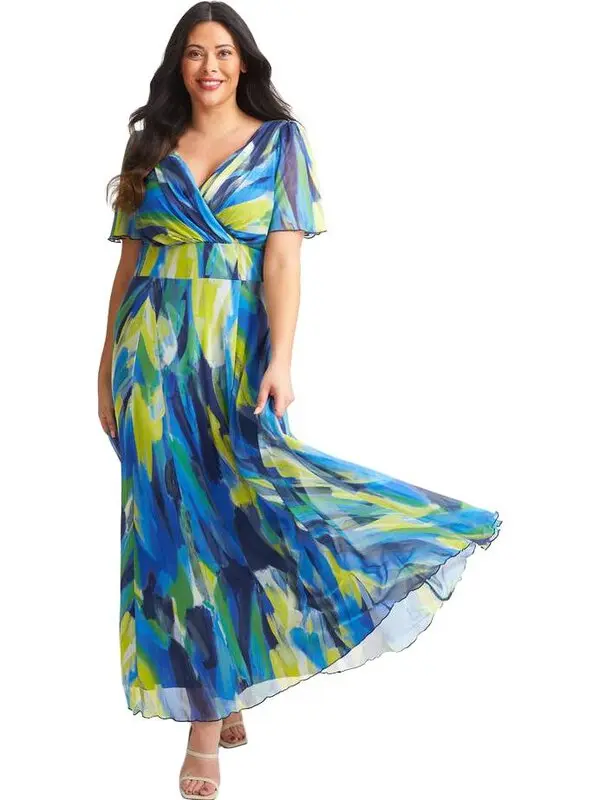 SCARLETT & JO Isabelle Maxi Dress With Angel Sleeves - Blue Yellow