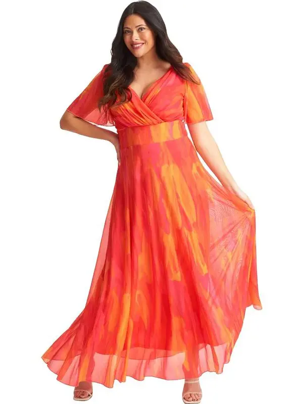 SCARLETT & JO Isabelle Angel Sleeve Maxi Dress - Orange Pink Yellow