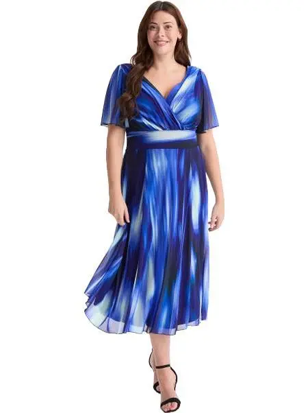 SCARLETT & JO Ikat Angel Sleeve Midi Dress - Blue Ikat