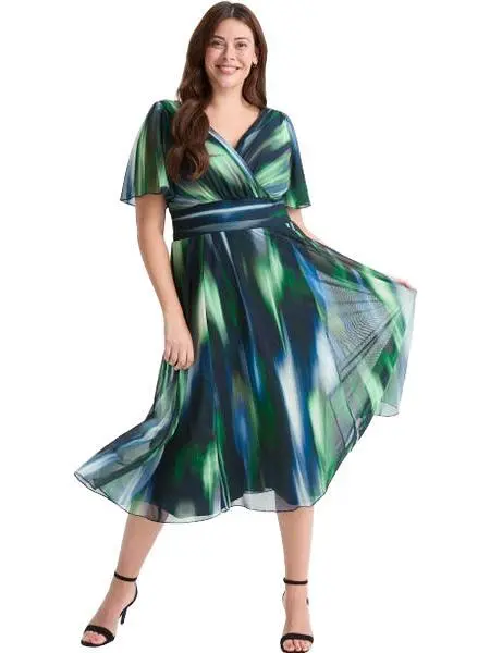 SCARLETT & JO Ikat Angel Sleeve Midi Dress - Green Ikat