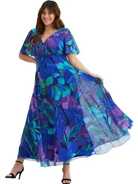 SCARLETT & JO Isabelle Floral Angel Sleeve Maxi Dress - Blue Purple Multi