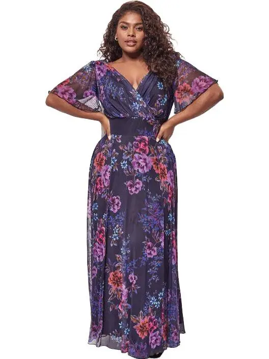 SCARLETT & JO Isabelle Floral Angel Sleeve Maxi Dress - Navy Amethyst