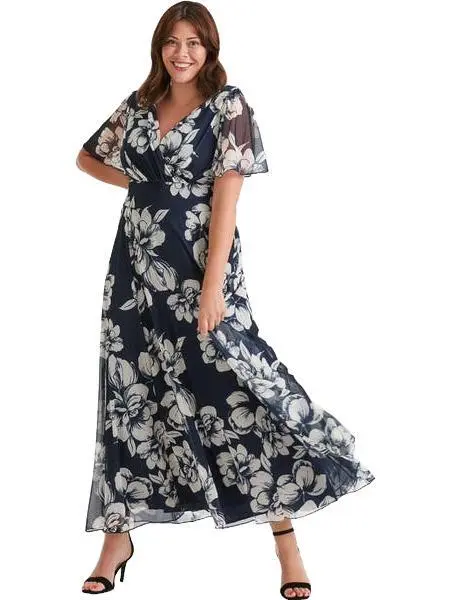SCARLETT & JO Isabelle Floral Angel Sleeve Maxi Dress - Navy Ivory