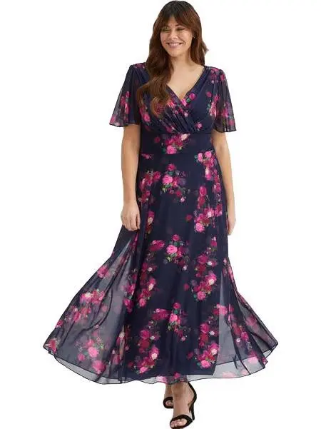 SCARLETT & JO Isabelle Floral Angel Sleeve Maxi Dress - Navy Pink Mulberry