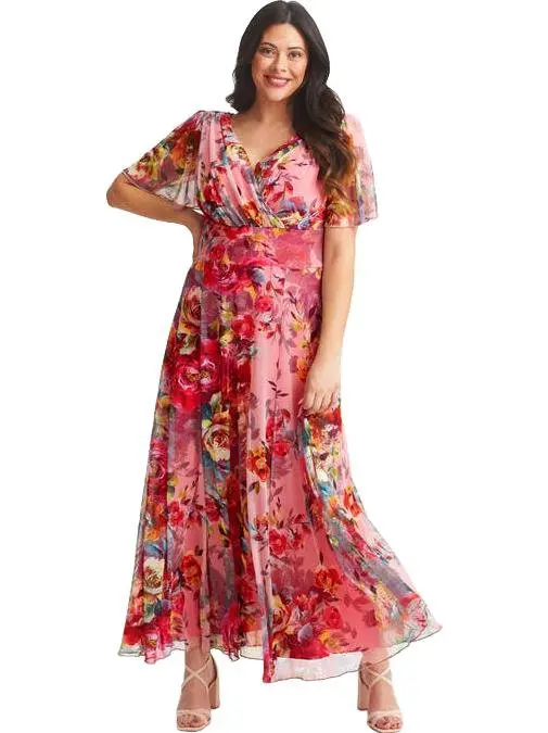 SCARLETT & JO Isabelle Floral Angel Sleeve Maxi Dress - Pink Cerise