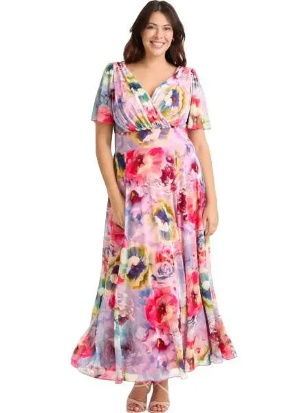 SCARLETT & JO Isabelle Floral Angel Sleeve Maxi Dress - Pink Lemon Multi