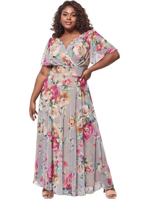 SCARLETT & JO Isabelle Floral Angel Sleeve Maxi Dress - Silver Pink