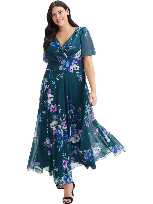 SCARLETT & JO Isabelle Short Sleeve Maxi Dress - Teal Blue Multi