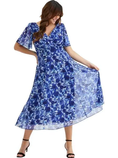 SCARLETT & JO Victoria Floral Angel Sleeve Midi Dress - Cobalt Blue Print