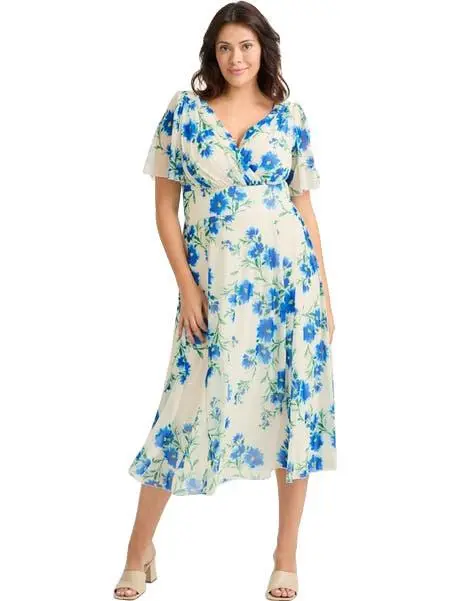 SCARLETT & JO Victoria Floral Angel Sleeve Midi Dress - Ivory Blue