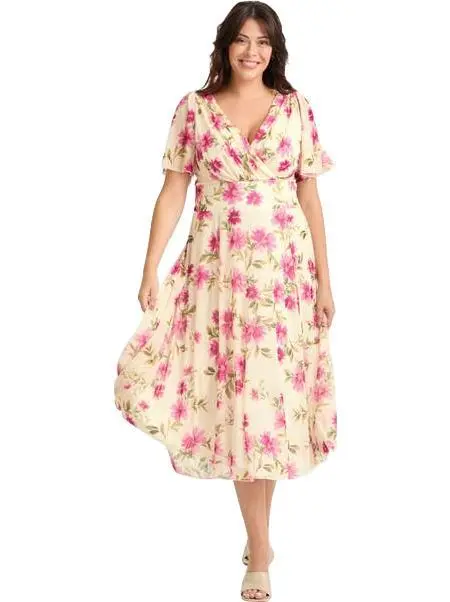 SCARLETT & JO Victoria Floral Angel Sleeve Midi Dress - Ivory Pink