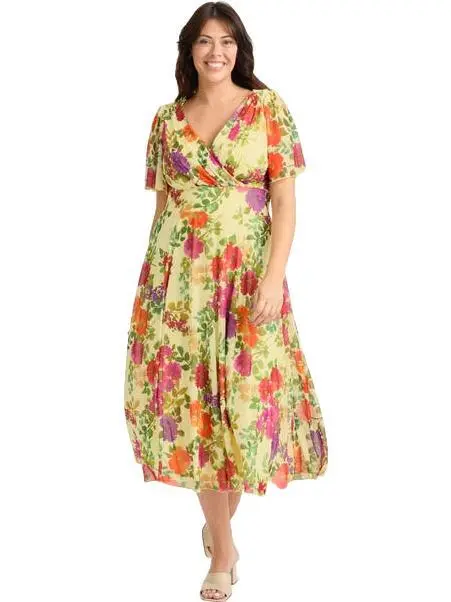 SCARLETT & JO Victoria Floral Angel Sleeve Midi Dress - Lemon Multi