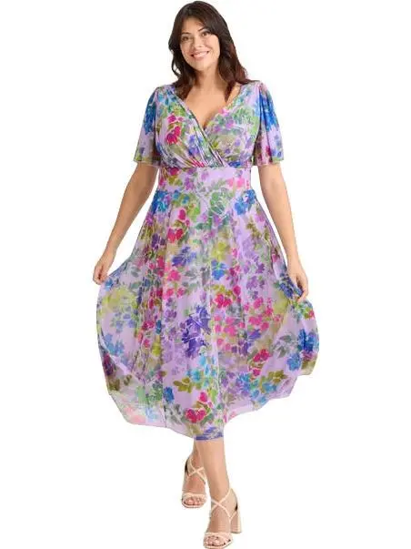 SCARLETT & JO Victoria Floral Angel Sleeve Midi Dress - Lilac Multi