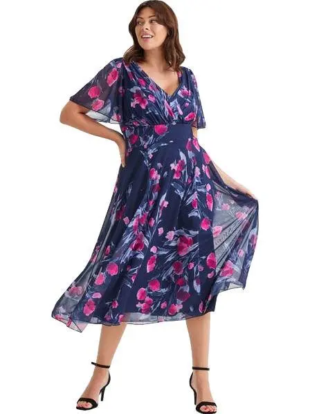 SCARLETT & JO Victoria Floral Angel Sleeve Midi Dress - Navy Pink Floral