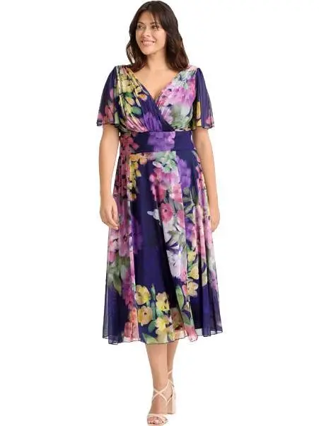 SCARLETT & JO Victoria Floral Angel Sleeve Midi Dress - Navy Purple Multi