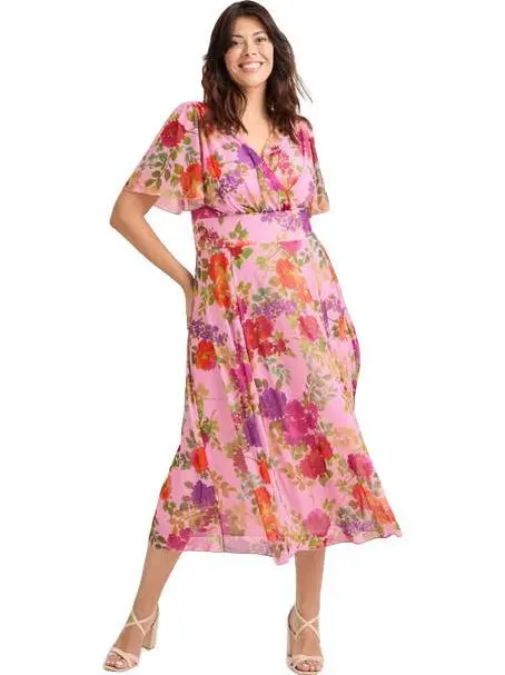 SCARLETT & JO Victoria Floral Angel Sleeve Midi Dress - Pink Orange Multi