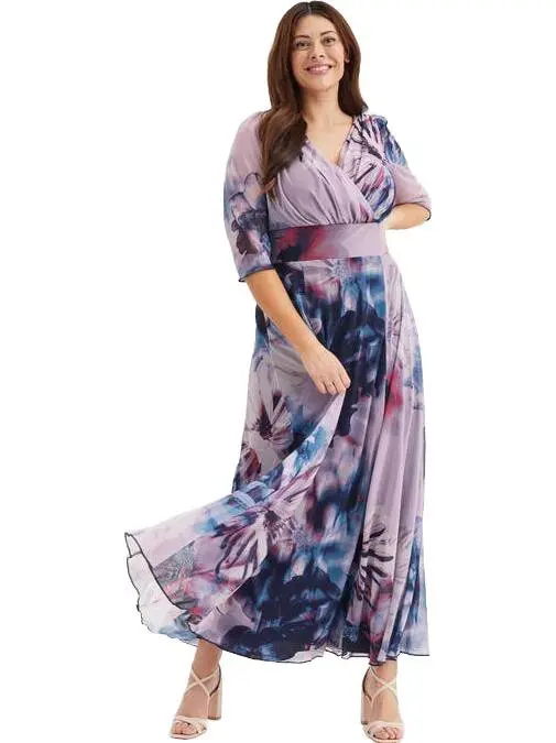 SCARLETT & JO Verity V-neck 3/4 Sleeve Maxi Gown - Indigo Rose