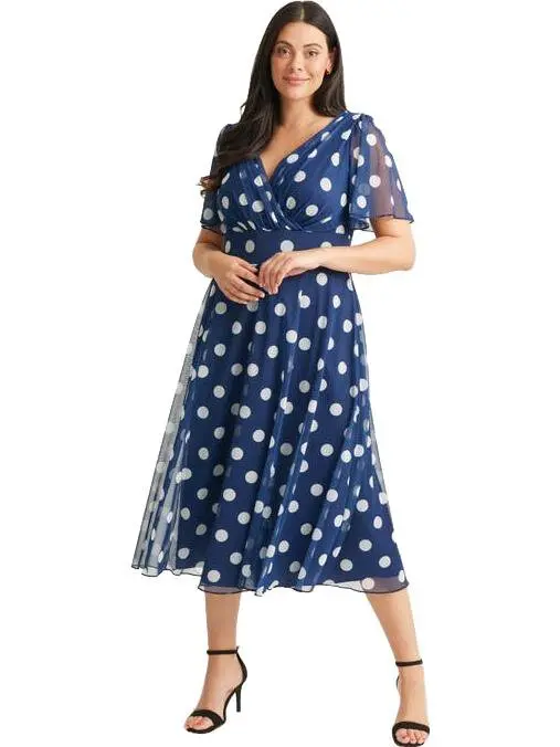 SCARLETT & JO Victoria Spot Angel Sleeve Midi Dress - Navy Spot
