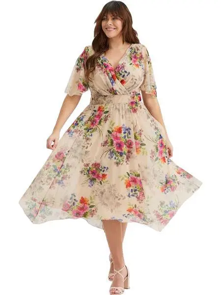 SCARLETT & JO Floral Hanky Hem Dress - Vintage Cream Multi