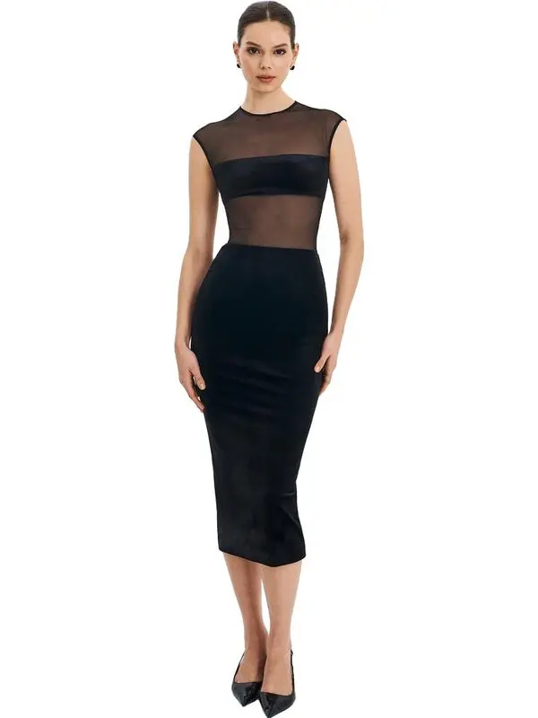 MISS CIRCLE Mesh And Velvet Midi Bodycon Dress - Black