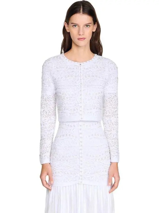 Sandro Cropped Pearled Cardigan - White