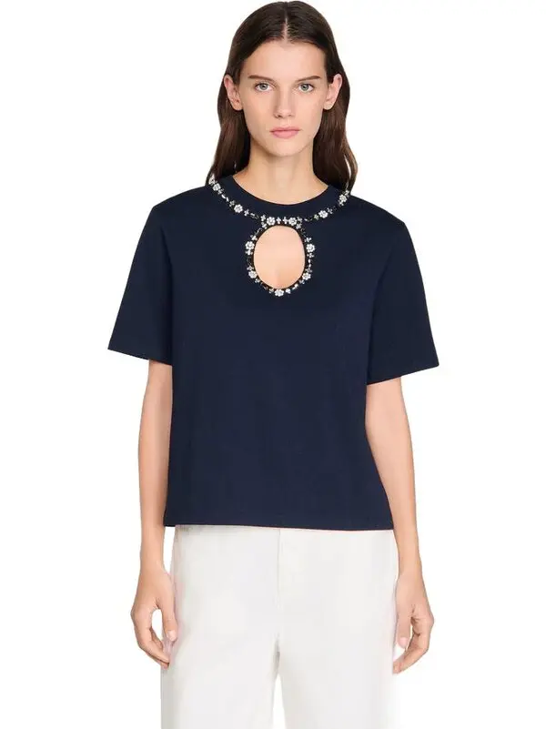 Sandro Rhinestone Openwork T-shirt - Navy Blue
