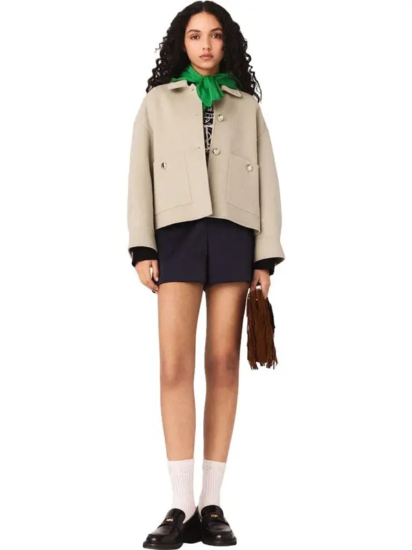 Maje Short Pleated-back Wool Jacket - Beige