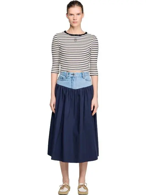 Sandro Striped T-shirt With Beaded Collar - Navy Blue