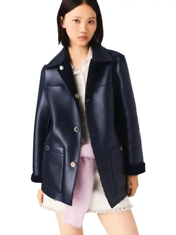 Maje Reversible Faux Shearling Jacket - Navy