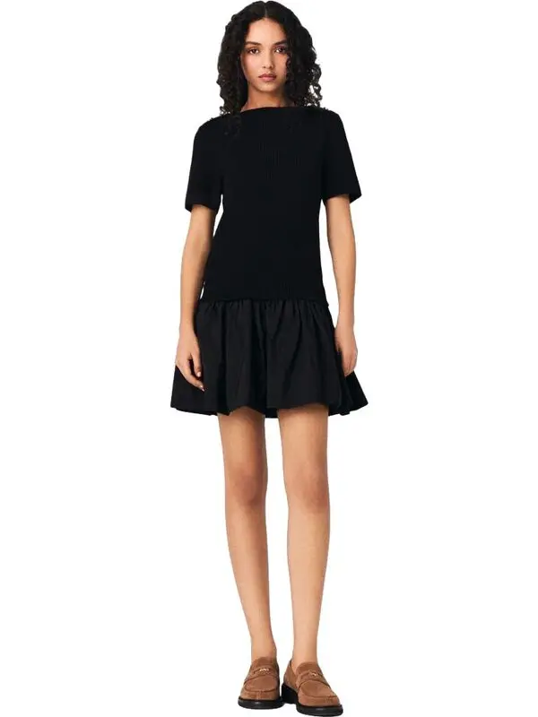 Maje Knit And Taffeta Mini Dress - Black