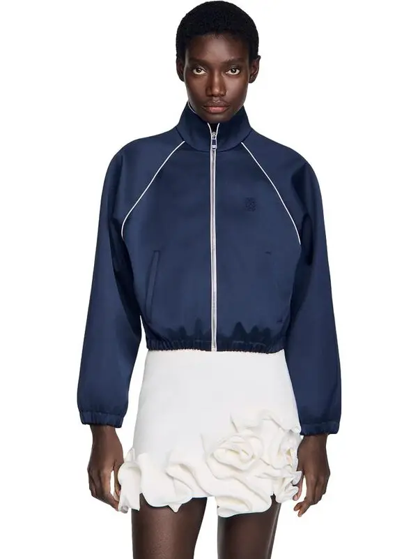 Sandro Embroidered Cropped Satin Jacket - Navy/black