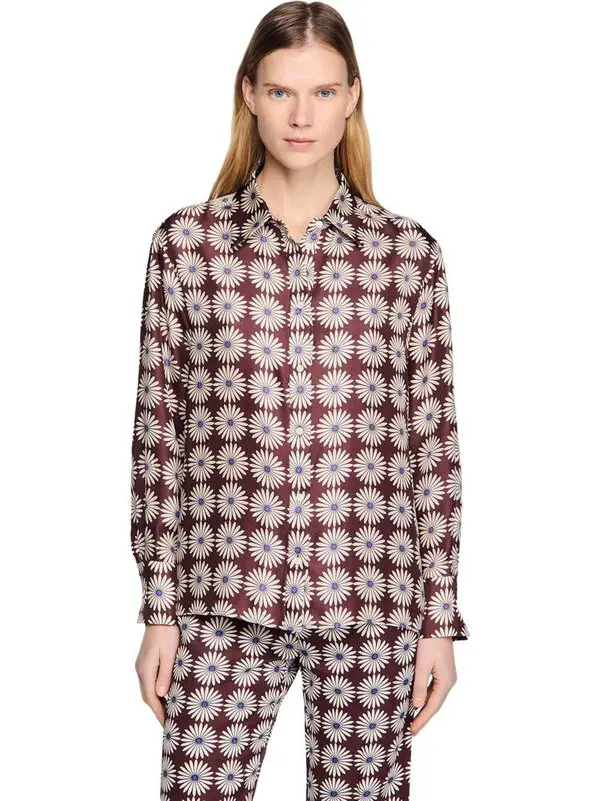 Sandro Floral Print Silk Shirt - Marron/bleu