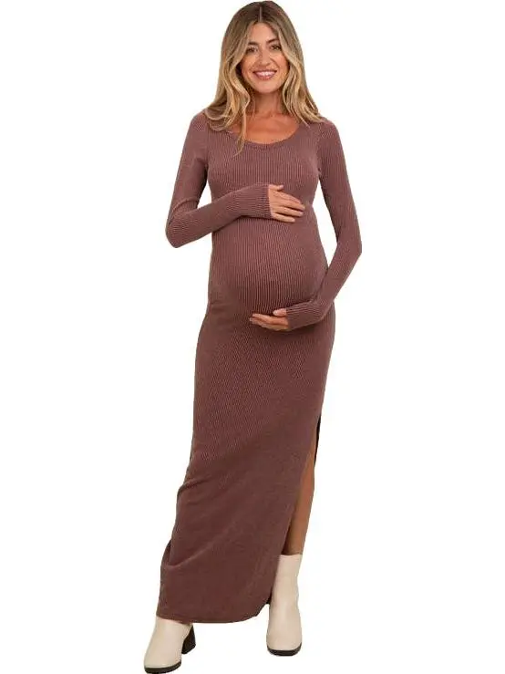 PINKBLUSH Ribbed Long Sleeve Side Slit Maxi Dress - Burgundy