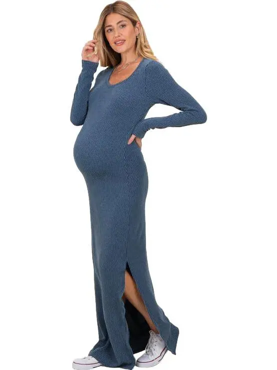 PINKBLUSH Ribbed Long Sleeve Side Slit Maxi Dress - Navy Blue